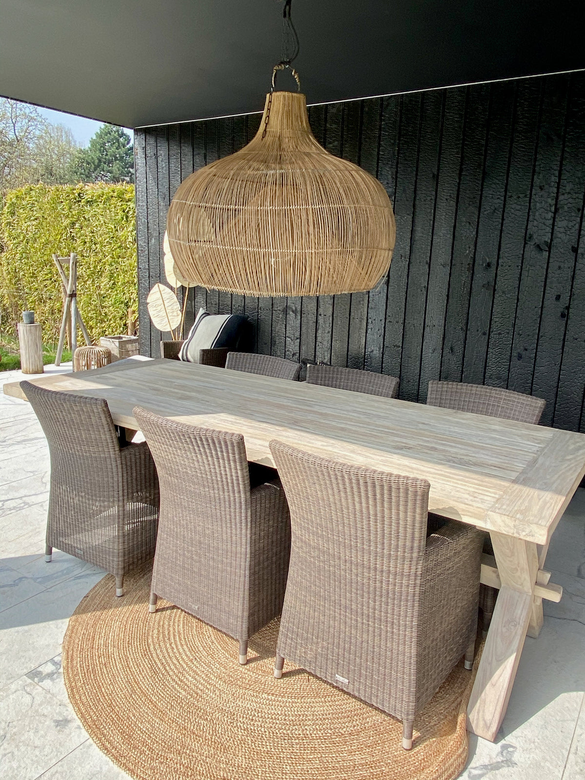 Teak tafel + 6 wicker stoelen (ronde draad) – Maxiteak